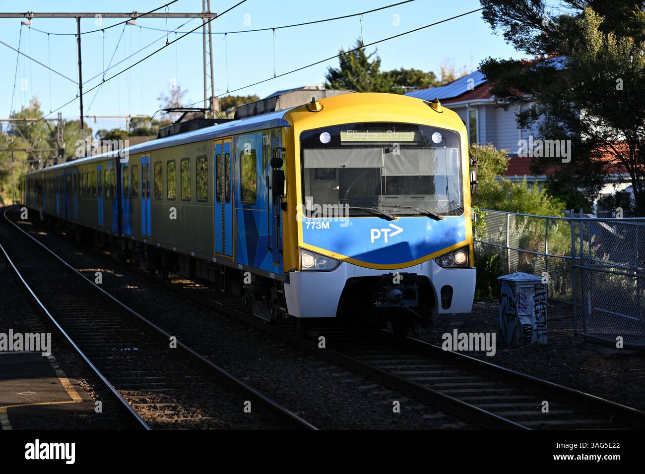 Siemens Nexas Metro train, featuring PTV livery, traveling past homes ...