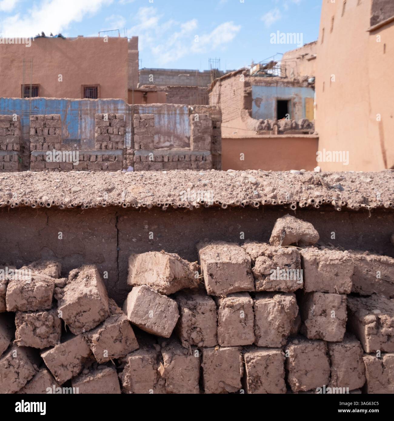 Ruined earthquake damaged clay buildings in the garrison town of ...