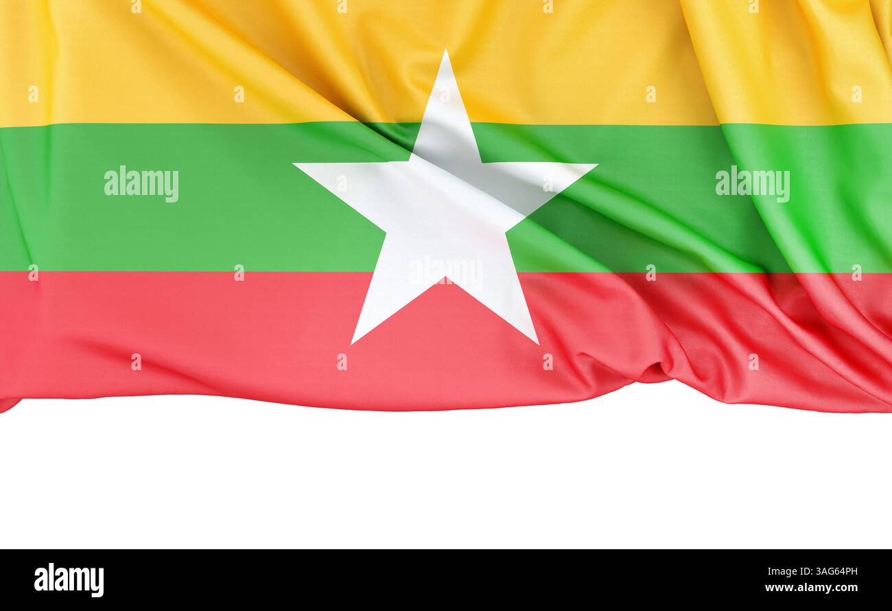 Flag of Myanmar isolated on plain white background with copy space ...