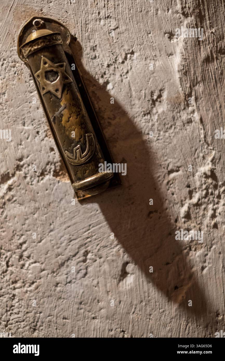 Mezuzah on doorpost at Jewish synagogue in Ouarzazate, Morocco, at the ...