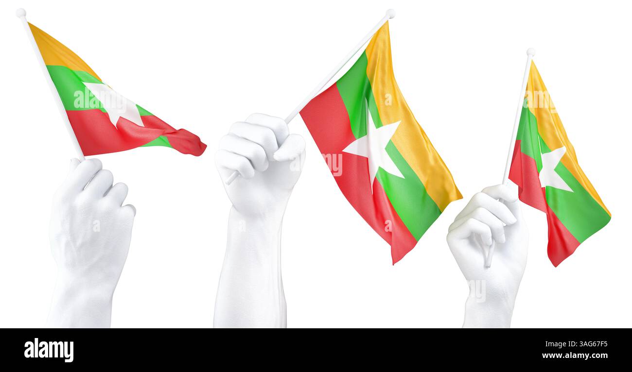 Hand holding flag of Myanmar. Isolated 3d Rendering Stock Photo - Alamy