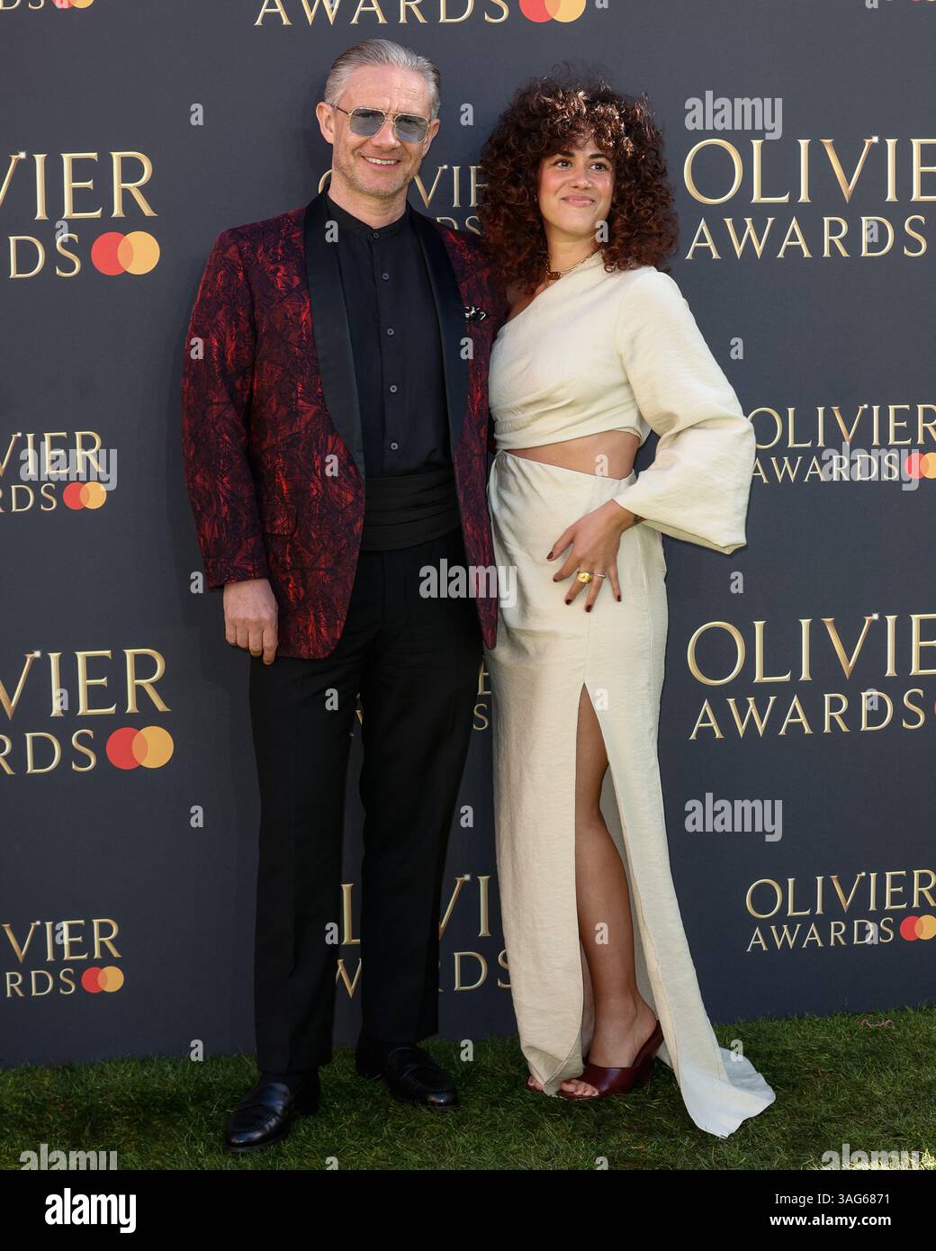 Martin Freeman and Rachel Benaissa attend the Olivier Awards 2025 at ...