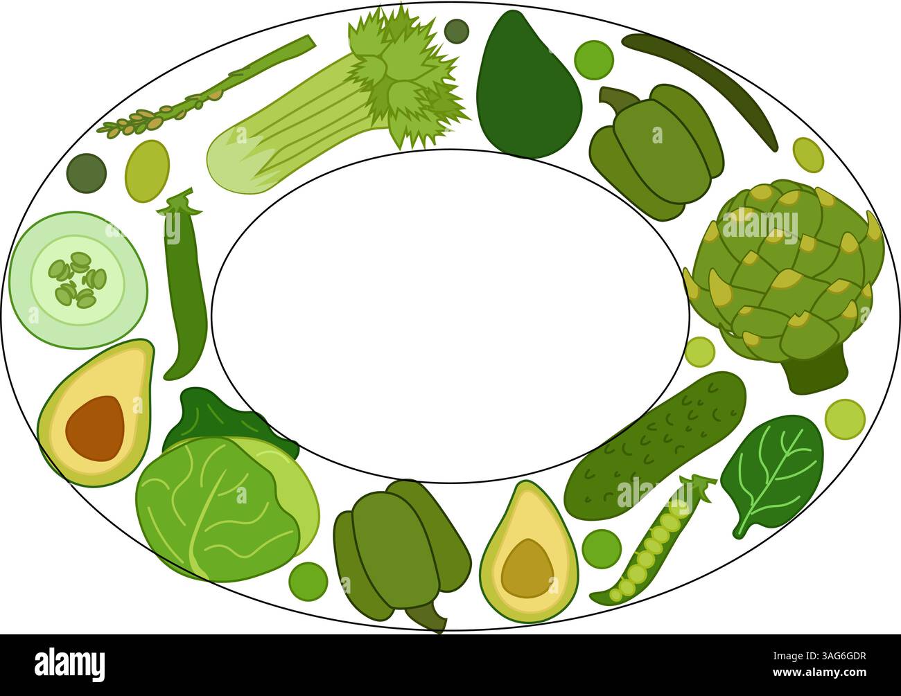 Green vegetables oval frame, boxing, bordering. card template. Text ...