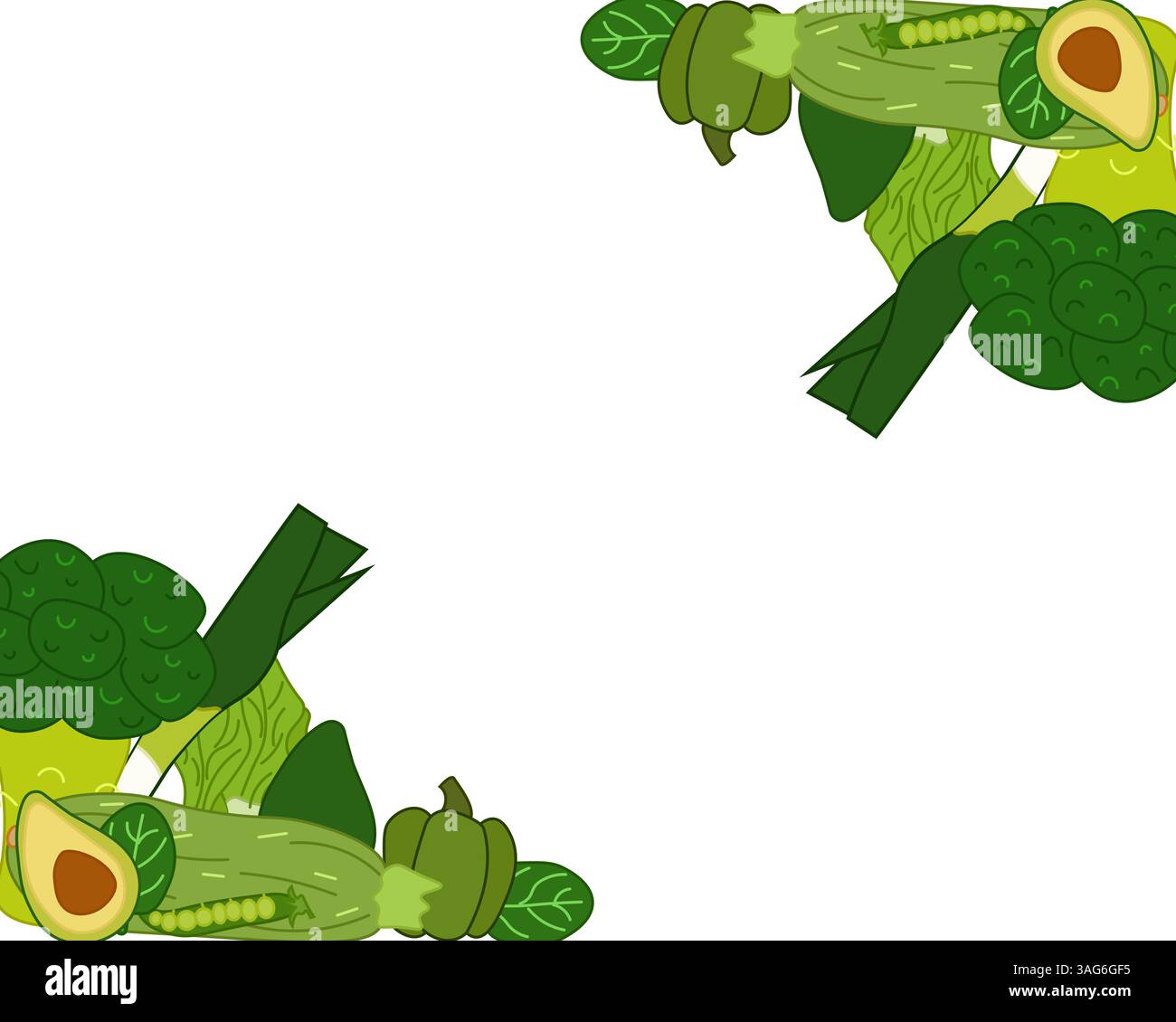 Green veggies rectangle frame. Vector flat Hand drawn vintage color ...