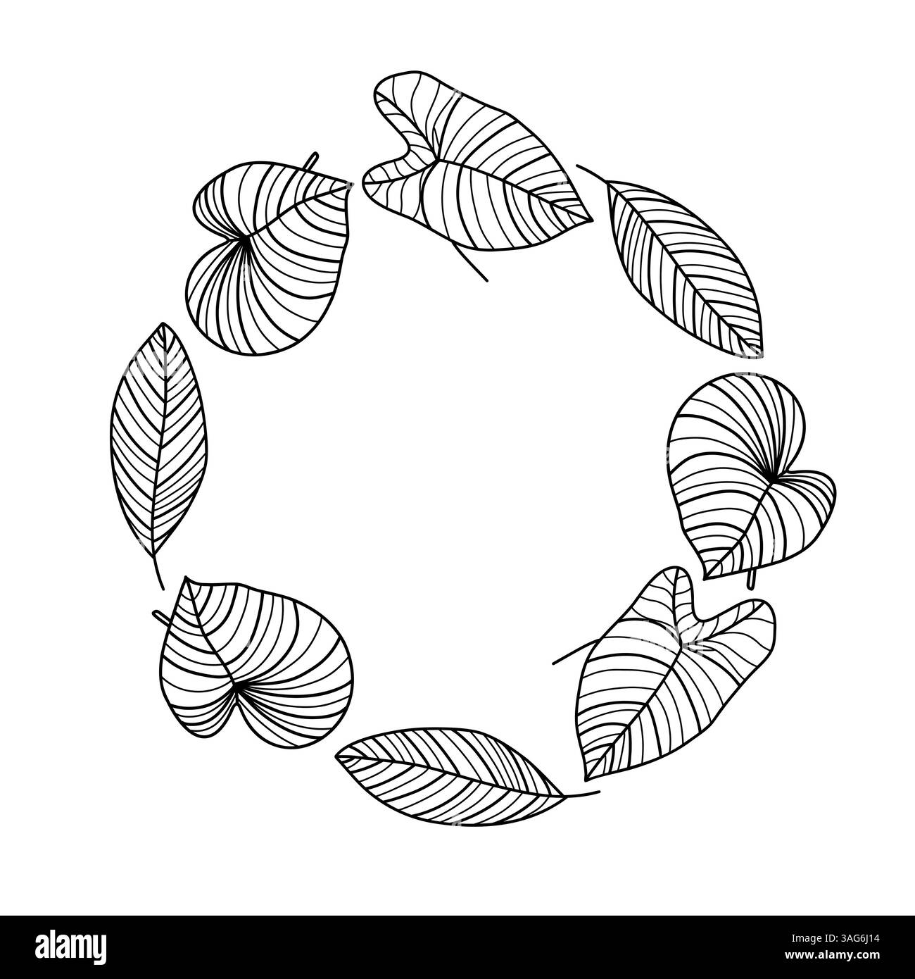 Decorative Wreath of Hand-Drawn Leaves with Intricate Line Art Stock ...