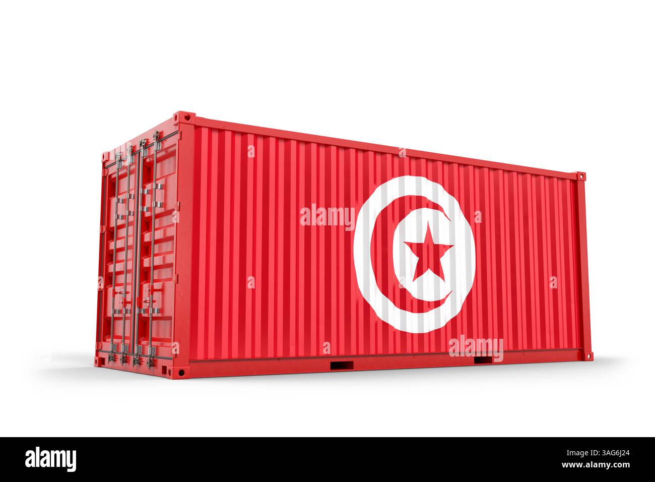 Red cargo container displaying Tunisian flag symbolizing import, export ...