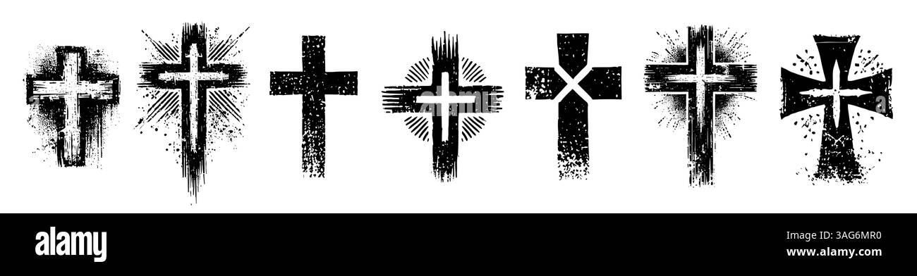Grunge Christian Cross Set with Distressed Texture and Ink Splash ...
