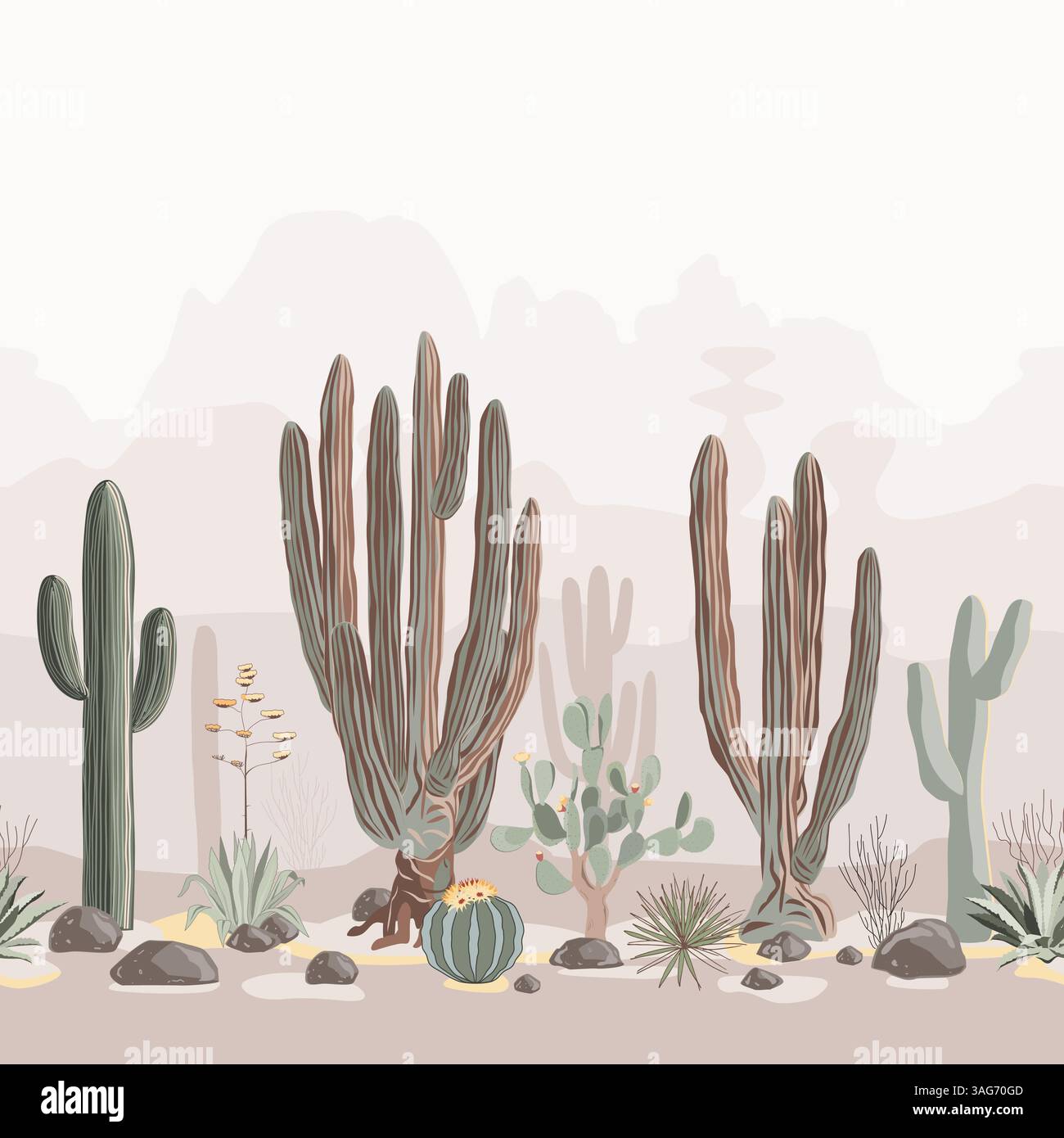 Desert seamless pattern with saguaro and giant cardon cacti, and ...