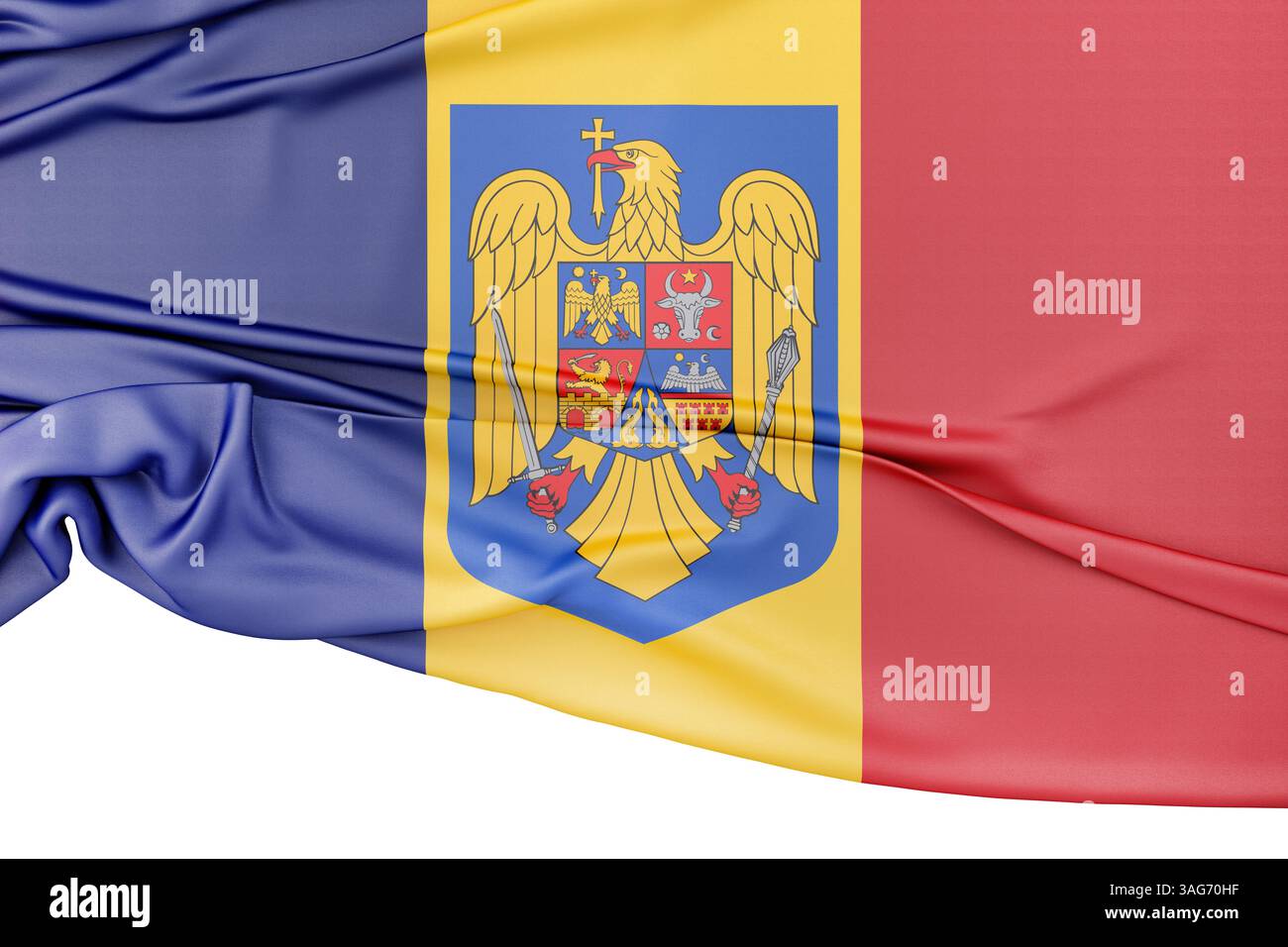 Isolated Flag of Romania with Coat of arms with copy space below. 3D ...