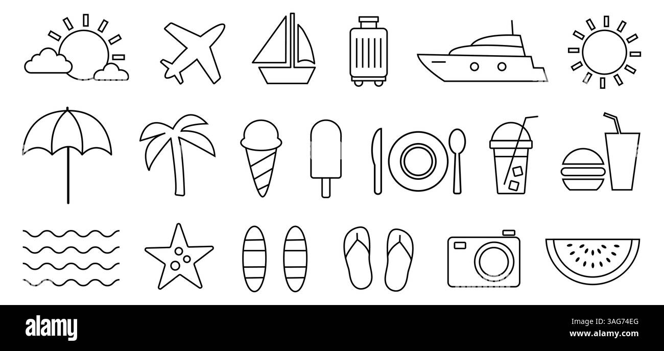 Summer vacation icons representing beach activities, travel essentials ...