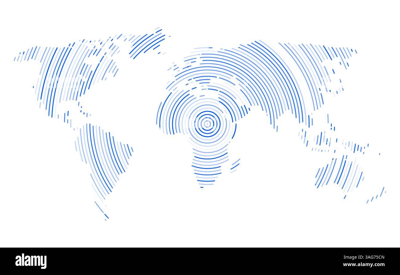 World map design made of blue concentric lines forming a global ...