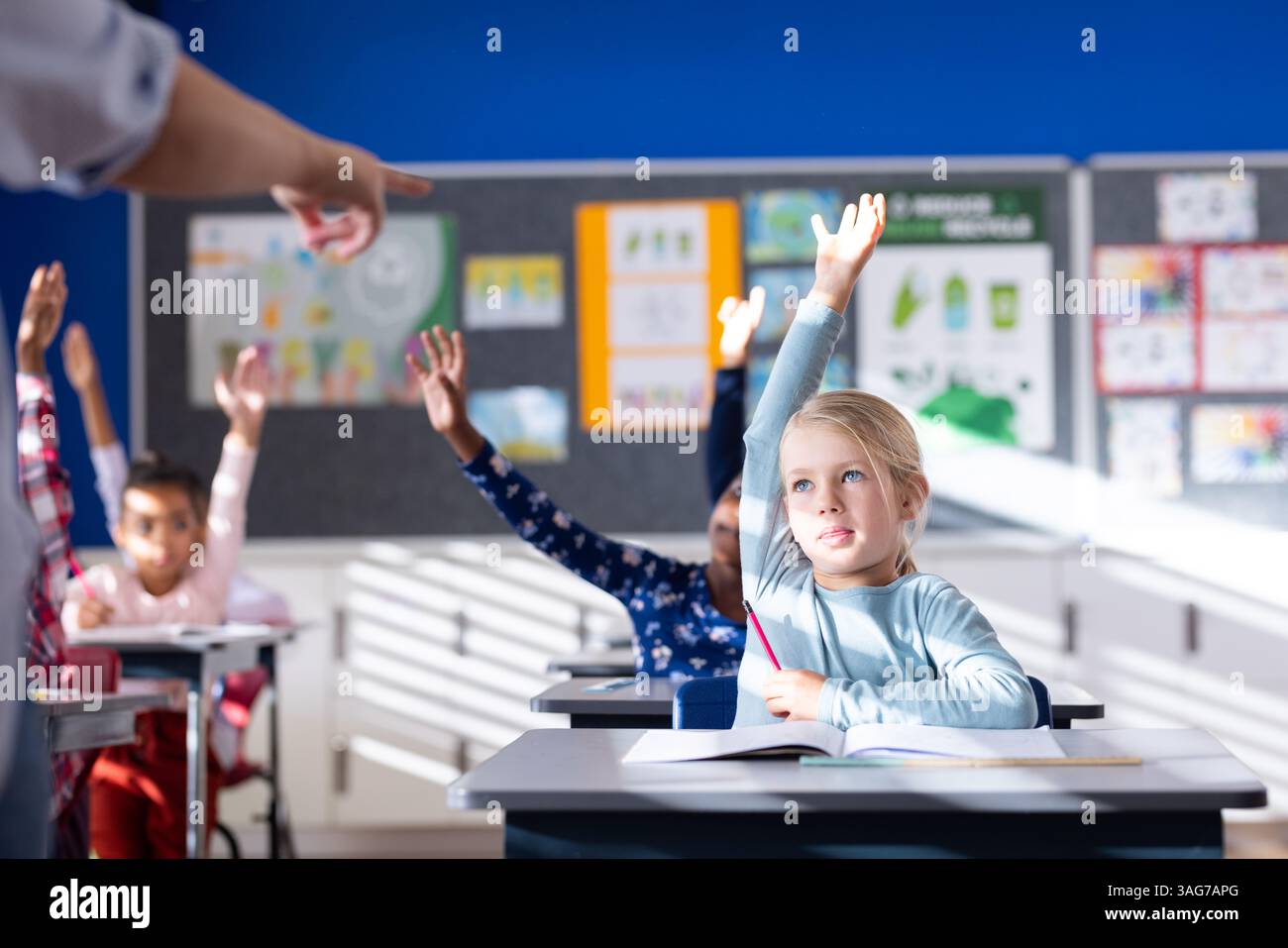 In school, diverse students raising hands in classroom, participating ...