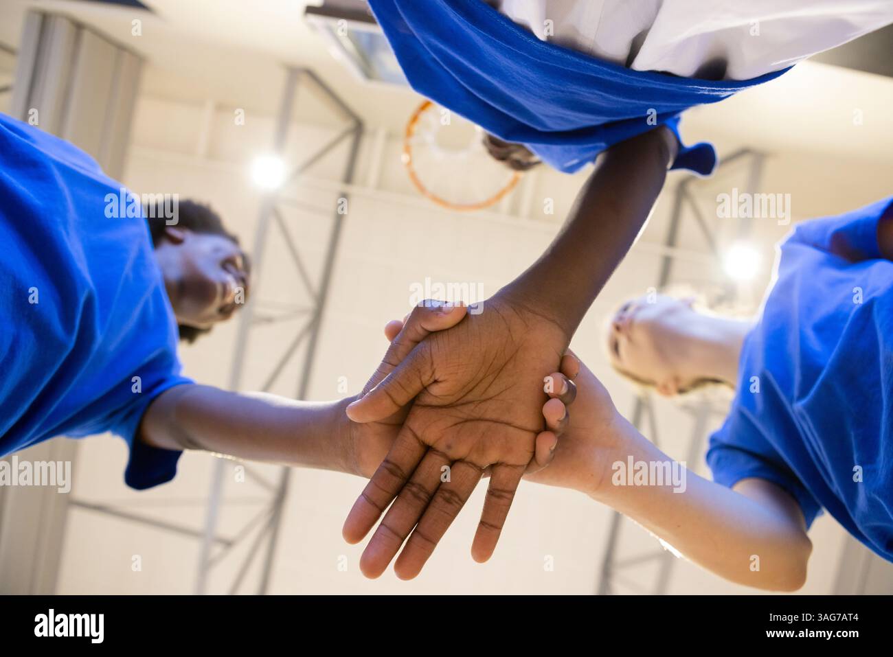 Joining hands, diverse girls forming team in school gymnasium Stock ...