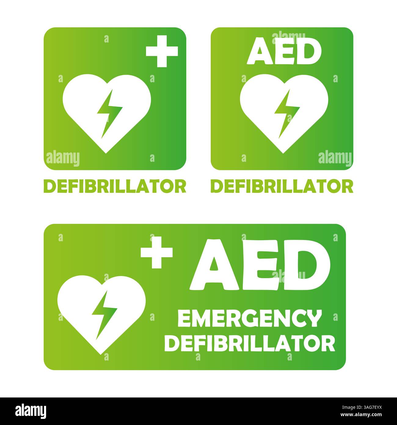 AED heart sign. Emergency defibrillator text. Green plus symbol ...