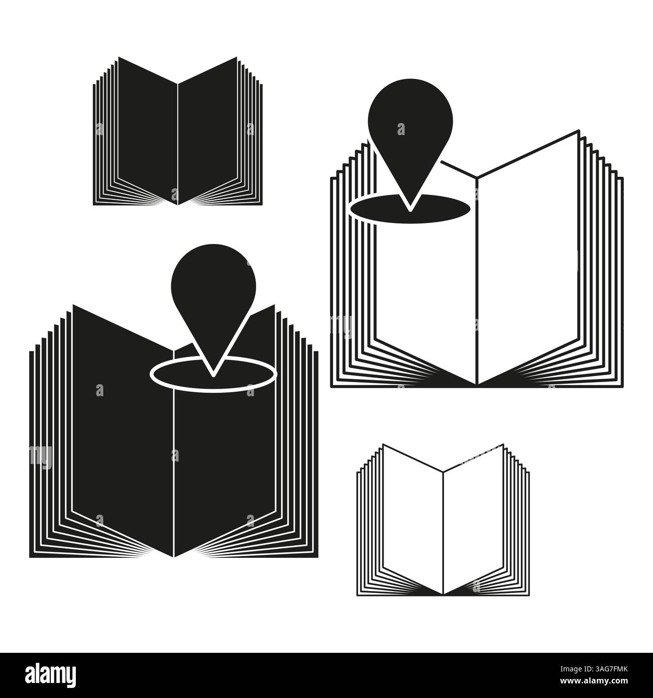 Book icon symbol. Map pointer shape. Location reading vector. Education ...