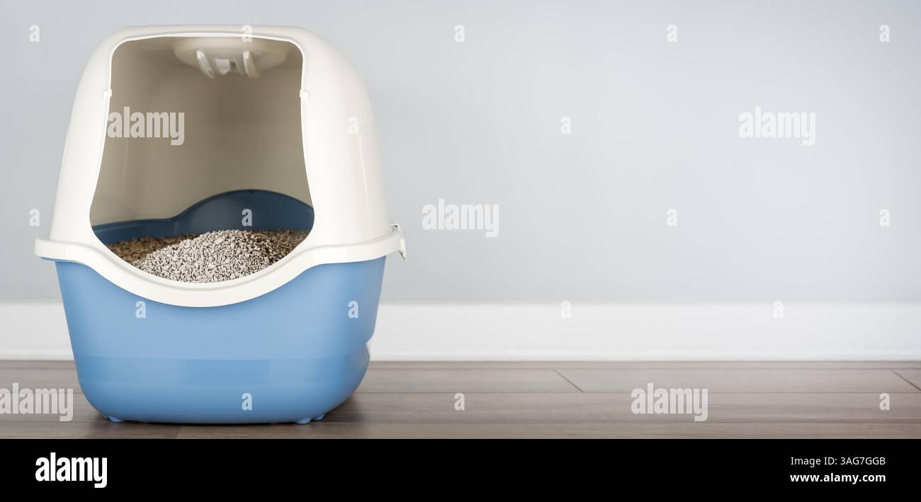 Hooded cat litter box with an enclosed design, white and blue color ...