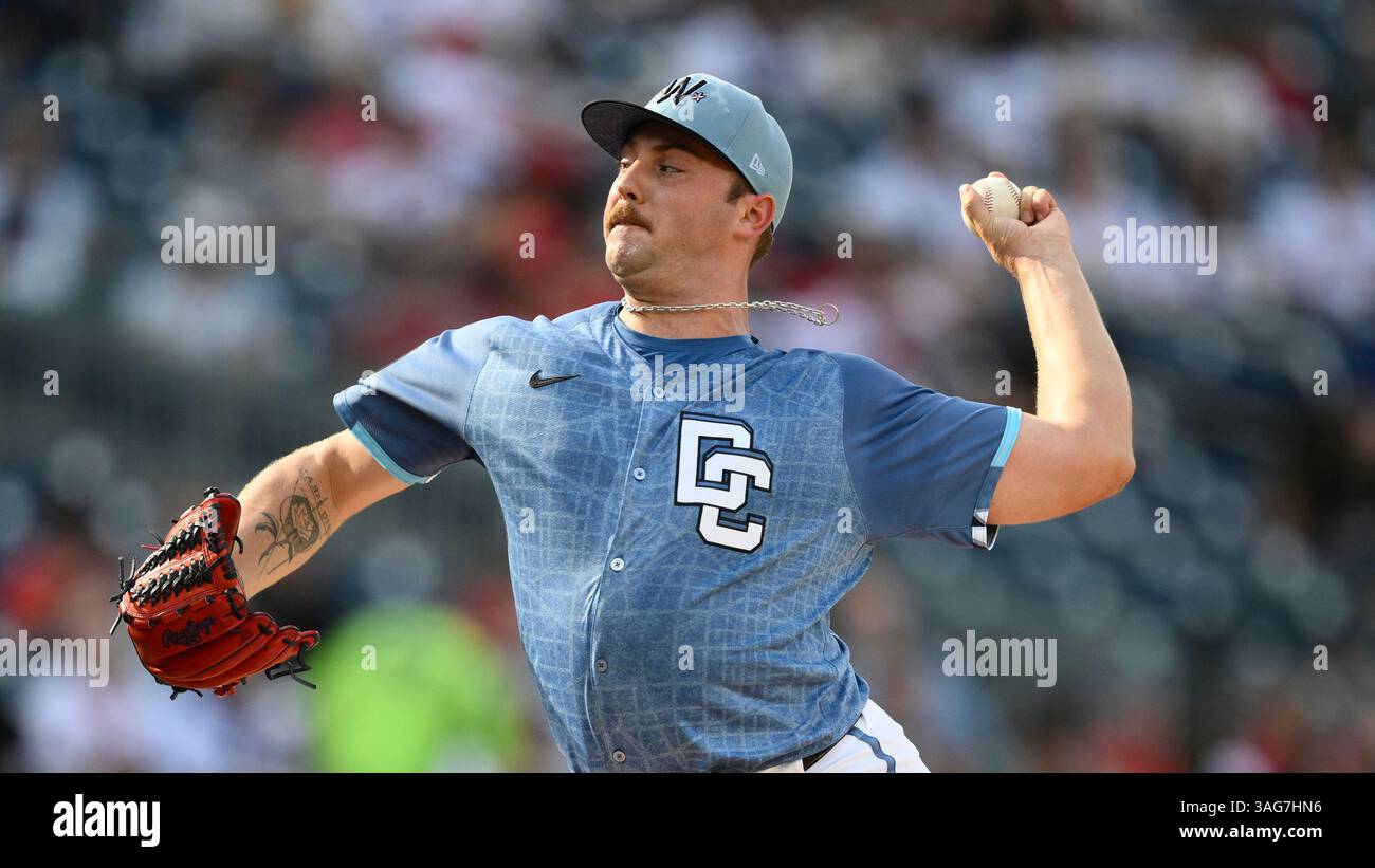 Washington Nationals starting pitcher Mitchell Parker throws during the ...