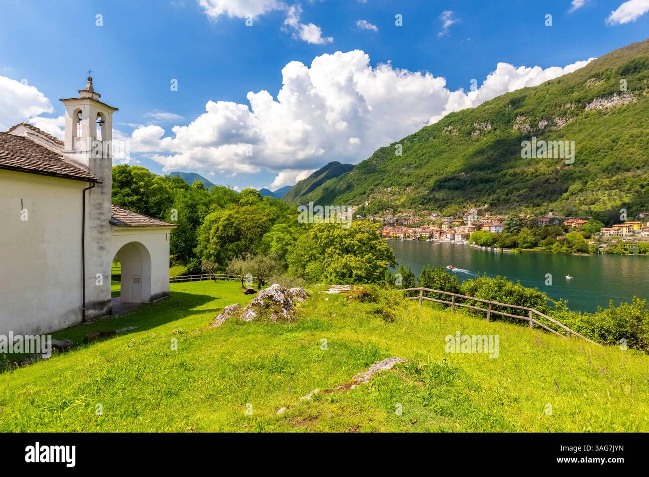 Spring view of the Isola Comacina and it's many churches. Ossuccio ...