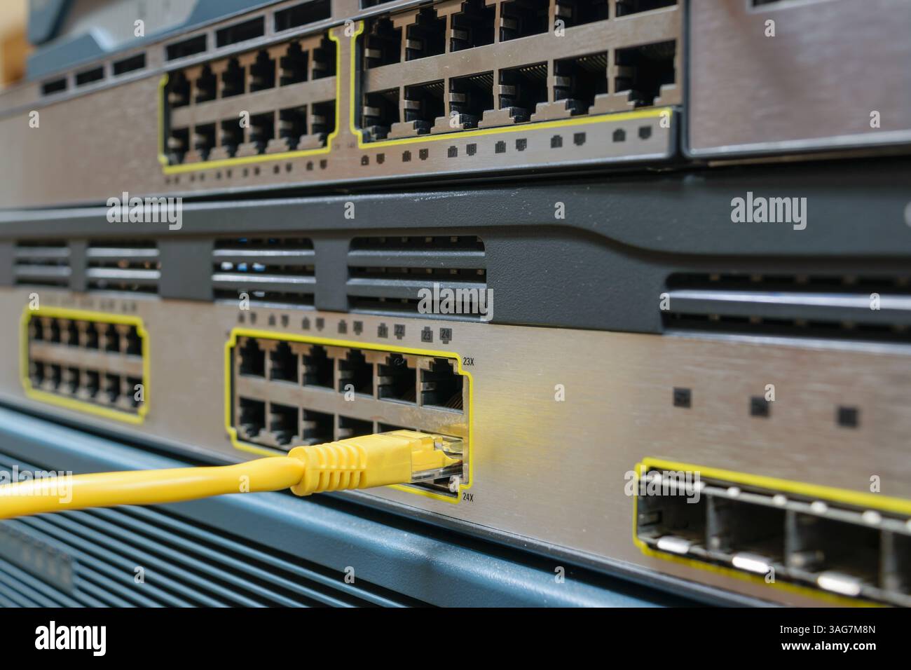 Network switch HUB and ethernet cables (LAN) in datacenter Stock Photo ...