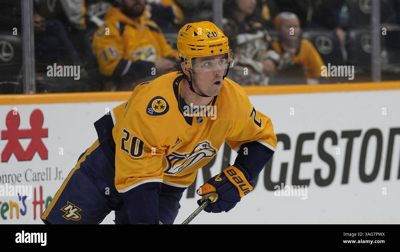 Nashville Predators defenseman Justin Barron (20) plays against the ...