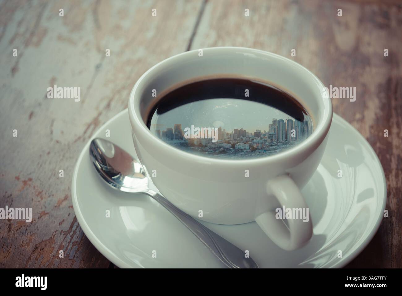 Sunshine morning time and city reflection on coffee , process in ...