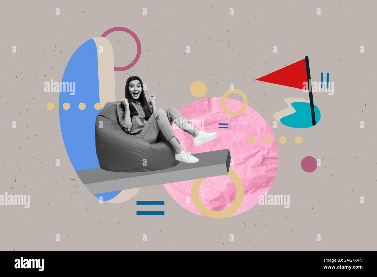 Poster graphics collage of people sit chair direct flags on grey color ...