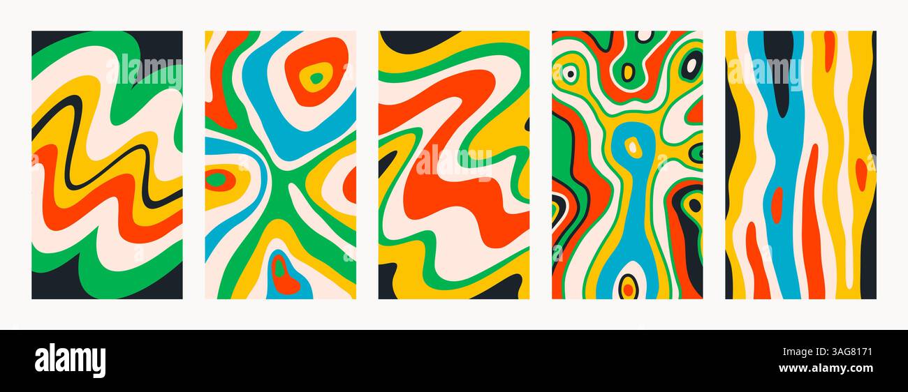 Abstract psychedelic pattern set. Groovy backgrounds with liquid paint ...