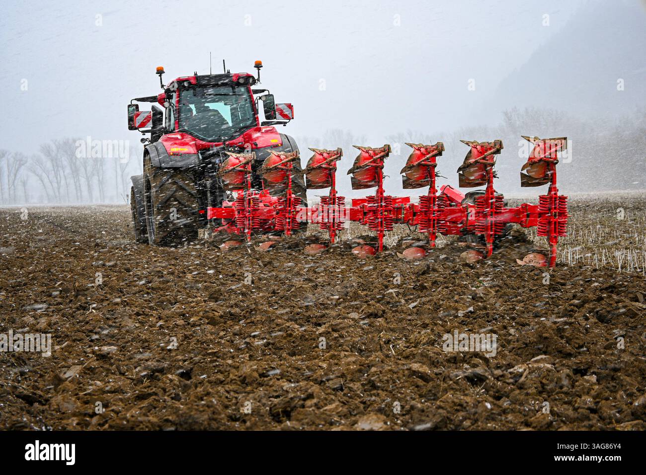 Red tractor pulling plow in field during snowfall, preparing soil for ...