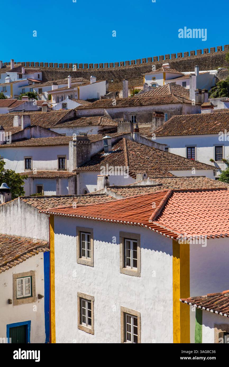 Scenic view of the historic town of Óbidos, Portugal, with whitewashed ...