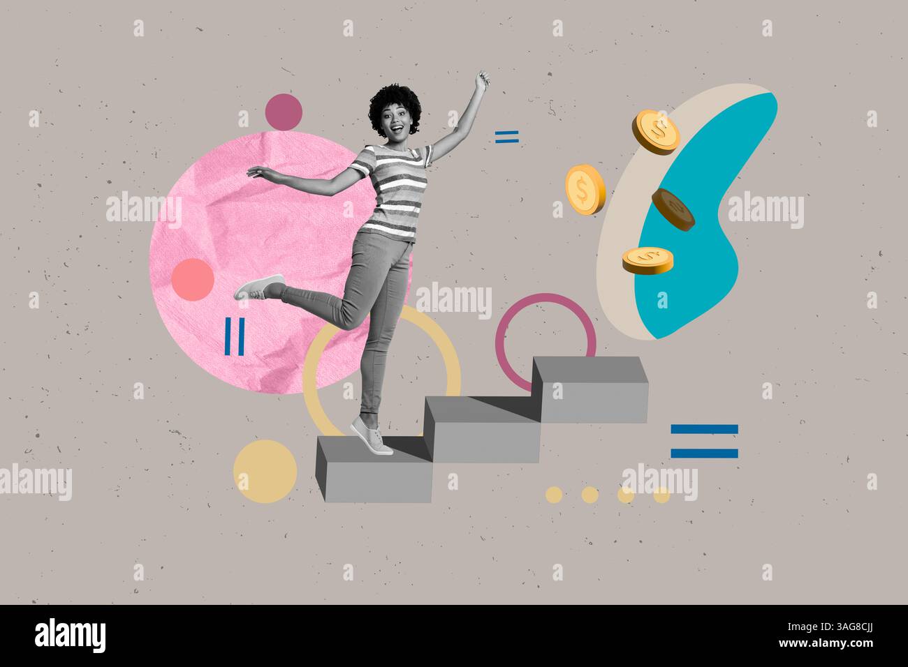 Poster trend collage of person stand step reach money on grey ...