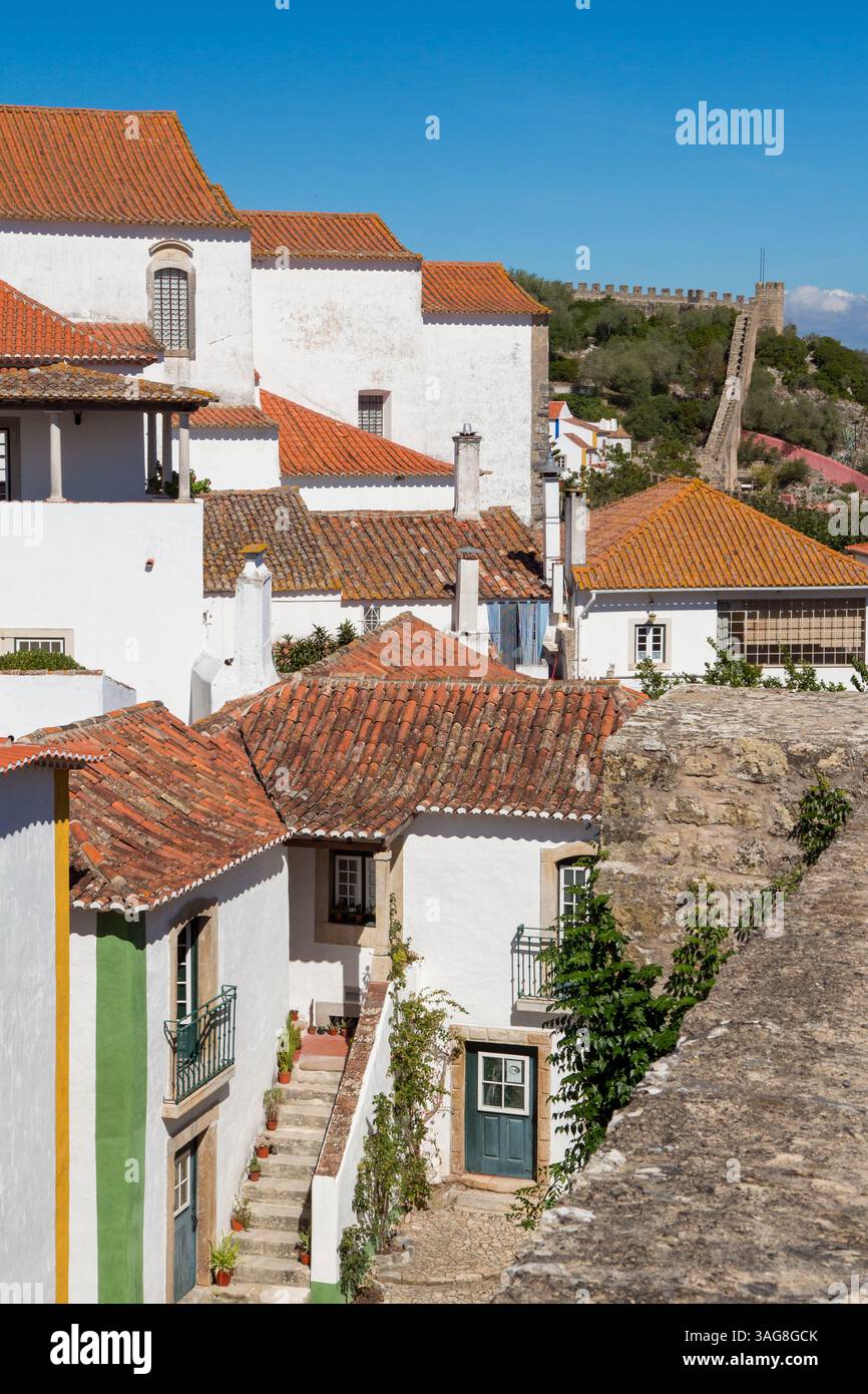 Scenic view of the historic town of Óbidos, Portugal, with whitewashed ...