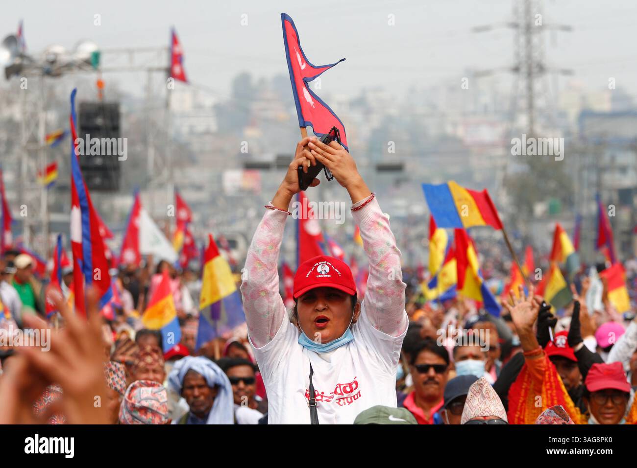 On April 8, 2025, in Kathmandu, Nepal. A pro-monarchy supporter aligned ...