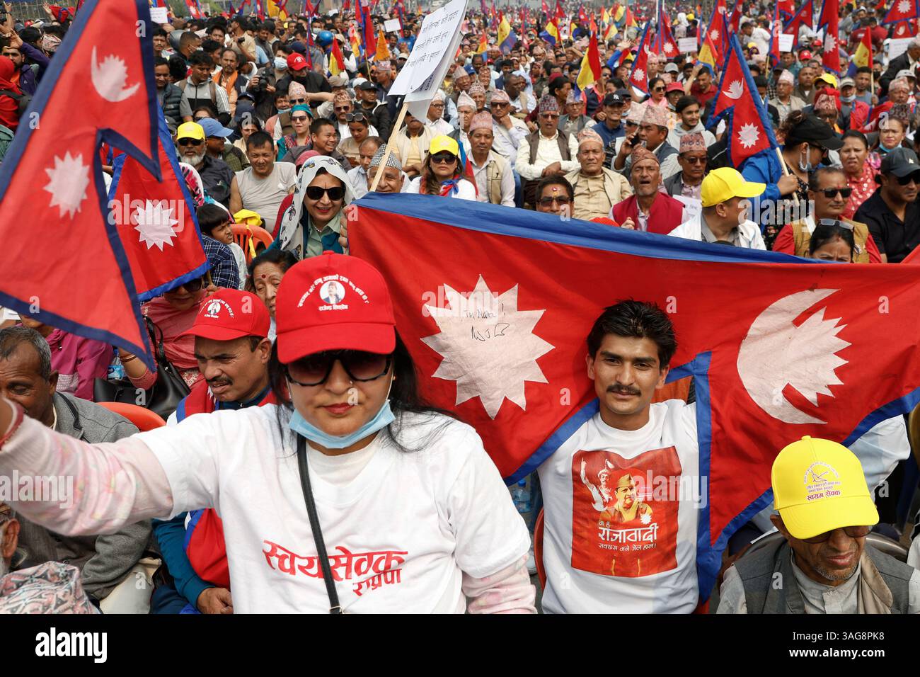 On April 8, 2025, in Kathmandu, Nepal. A pro-monarchy supporter aligned ...