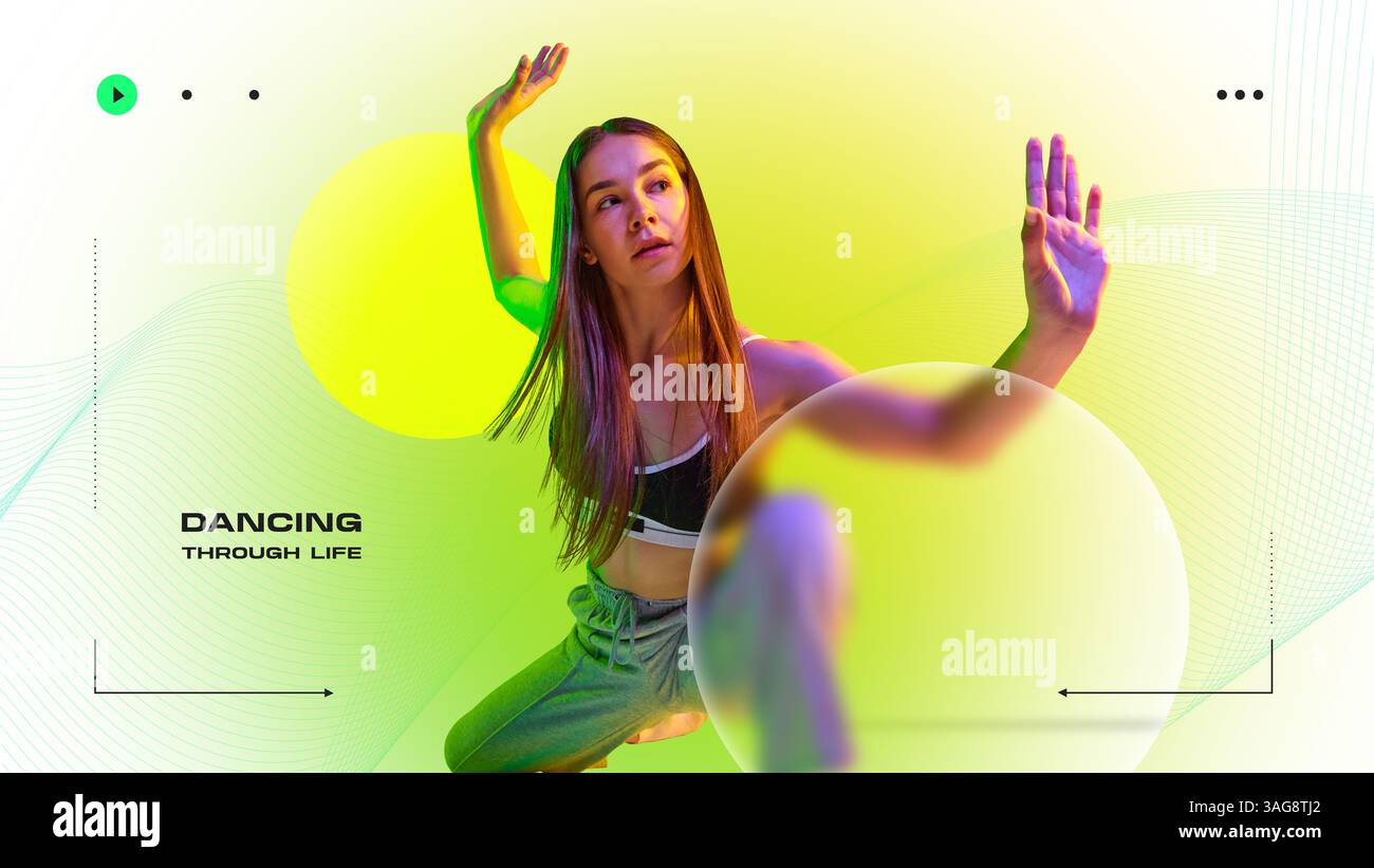 Young female dancer in dynamic pose surrounded by abstract shapes ...