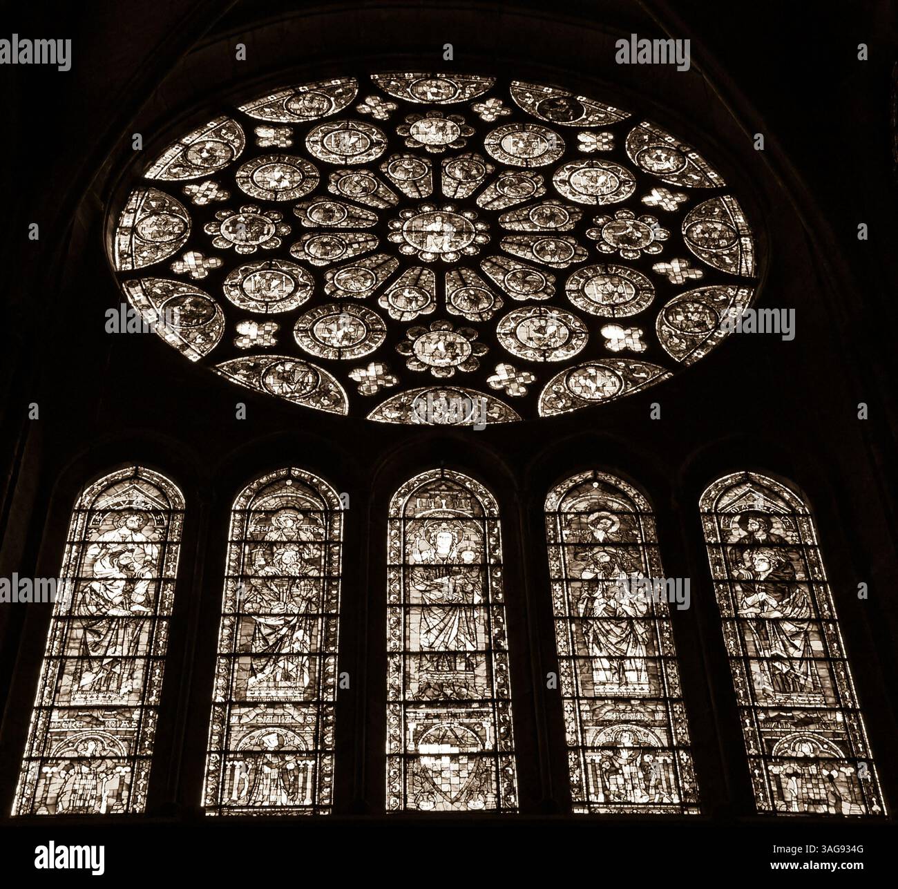 Stained glass rose window in Chartres cathedral. Chartres, France. Chartres cathedral was built ...