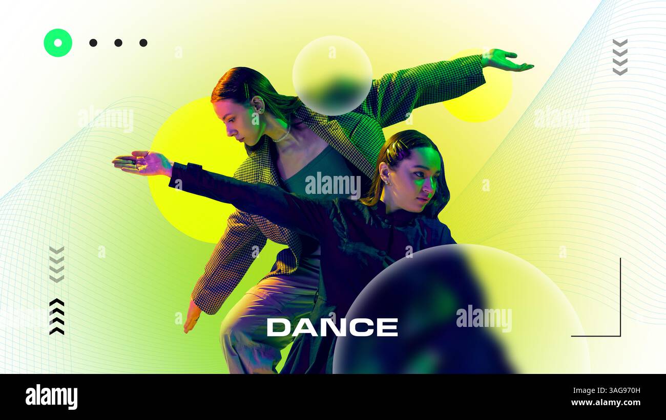 Two female dancers in dramatic motion lit by vibrant yellow-green light ...