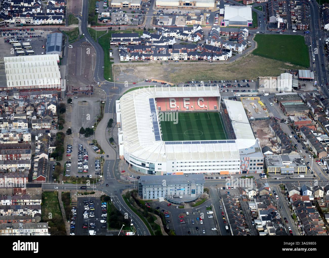 An aerial view of Bloomfield Road football ground, home of Blackpool FC ...