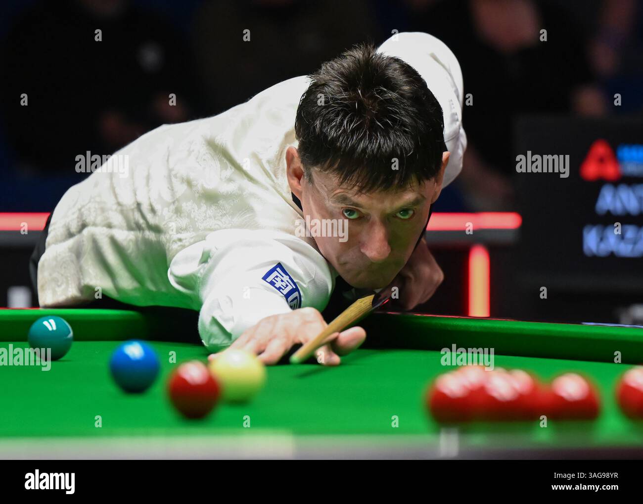Sheffield, England, 8th April 2025. Jimmy White takes a shot during his match against Anton ...