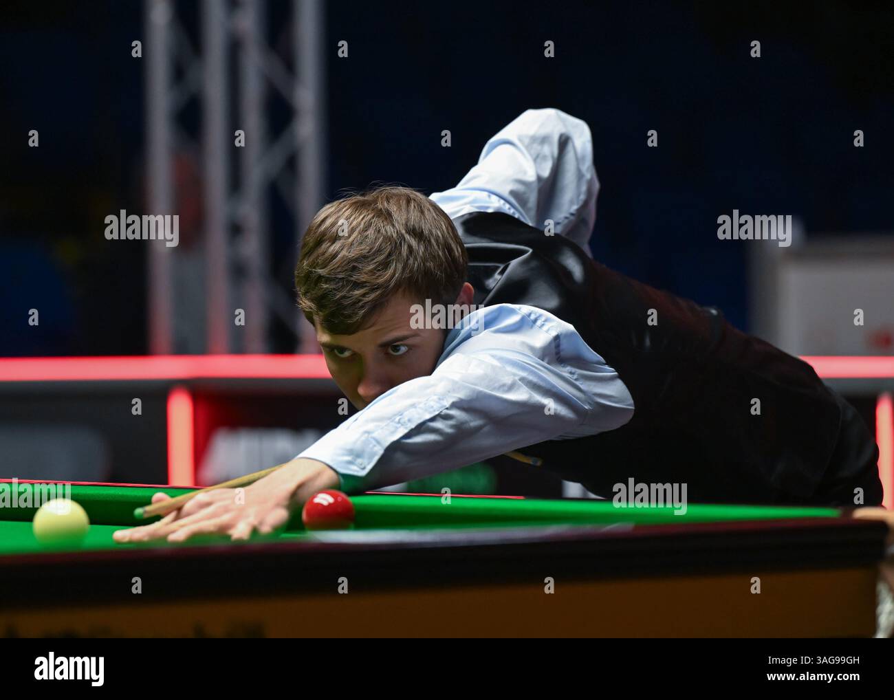 Sheffield, England, 8th April 2025. Anton Kazakov during his match against Jimmy White during ...