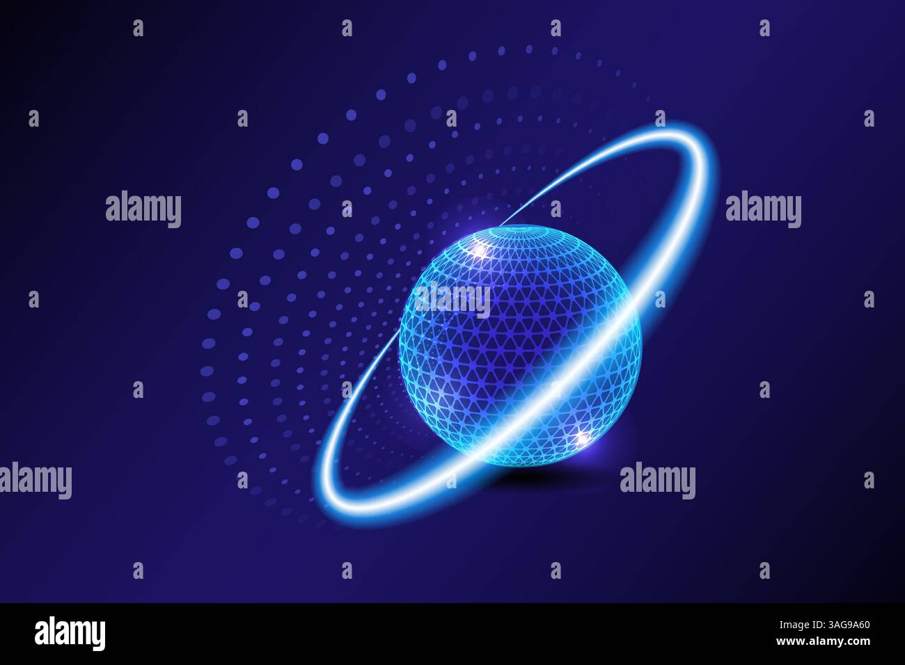 Abstract technology, global network connections and endless circles of dots and large rings ...