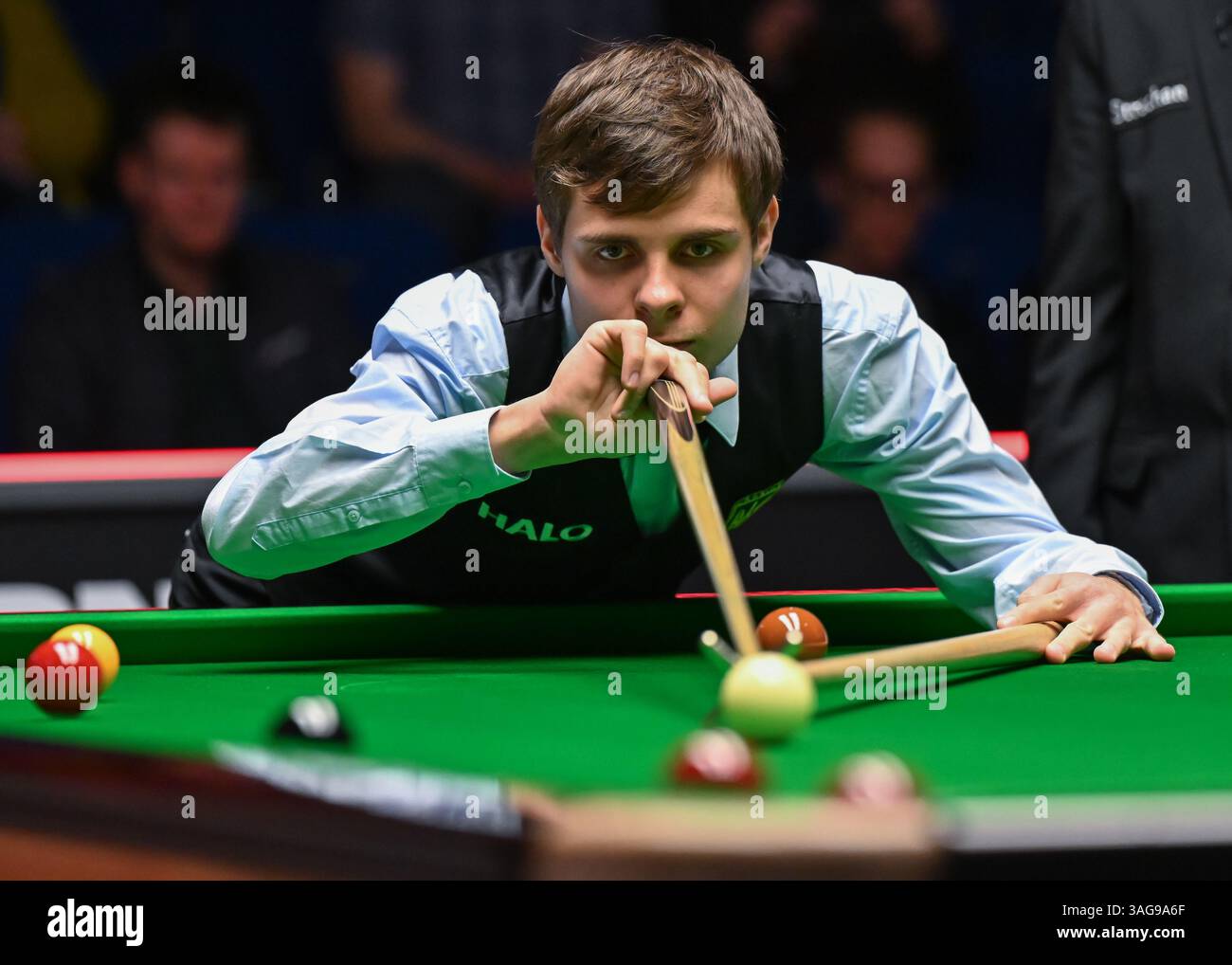 Sheffield, England, 8th April 2025. Anton Kazakov takes a shot during his match against Jimmy ...