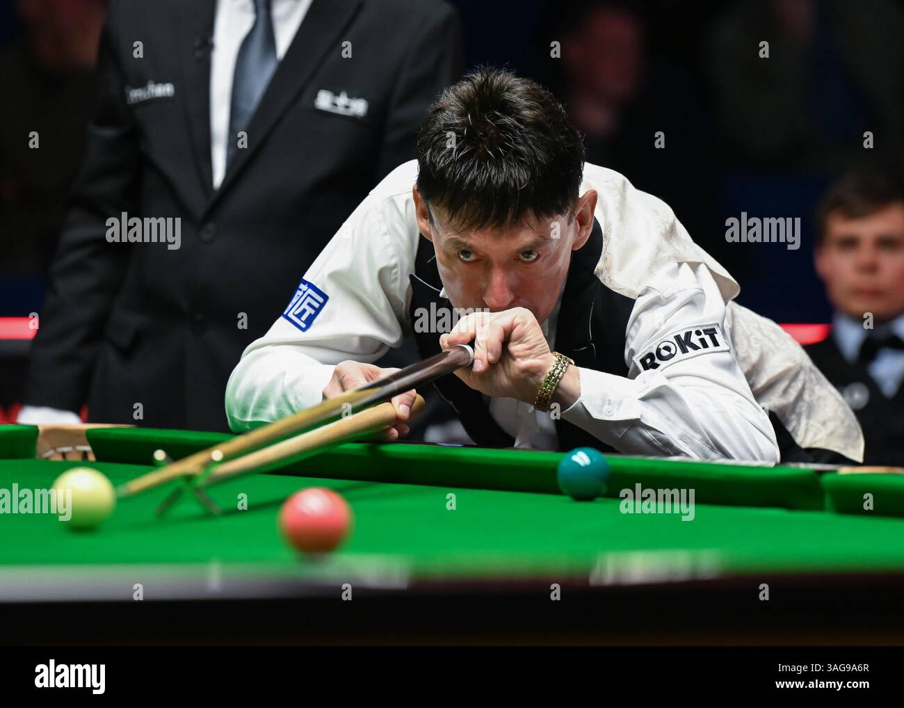 Sheffield, UK. 8th Apr, 2025. Jimmy White takes a shot during his match against Anton Kazakov ...