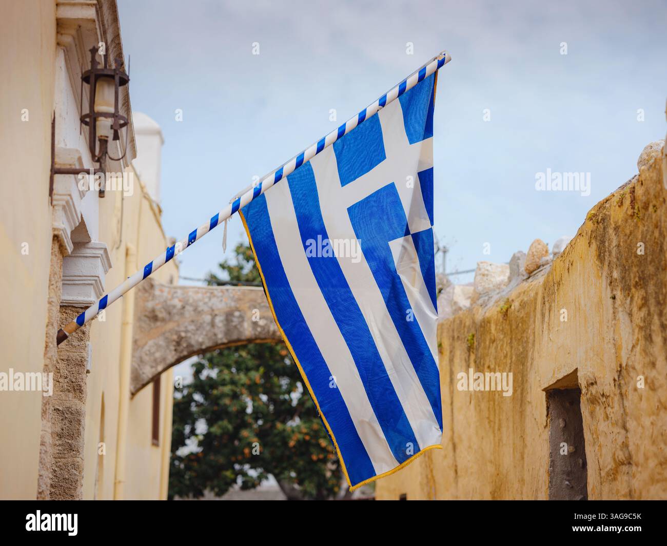 View of Greek flag waving in air serene Mediterranean vibe. beautiful ...