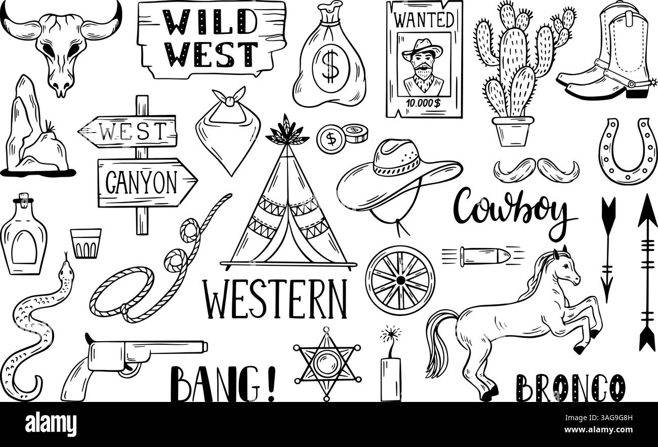 Wild west doodle. Cowboy accessories, hat and weapon. Western style ...
