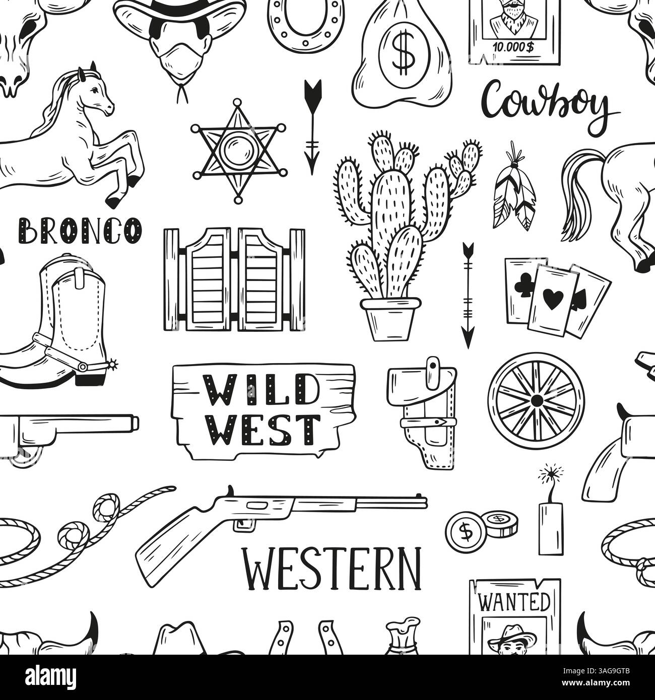 Western doodle seamless pattern. Wild west style, cowboy world sketch ...