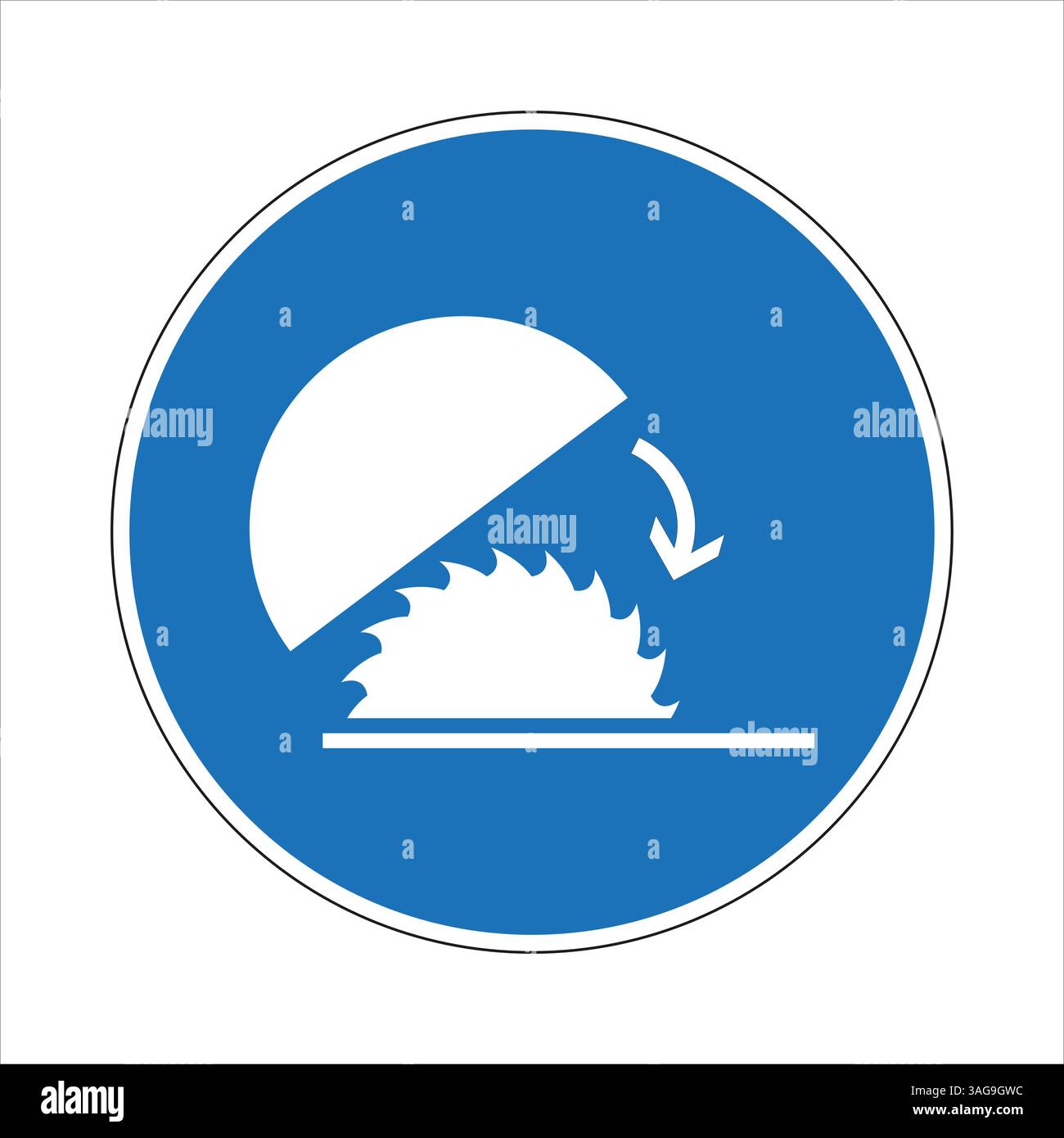 Blue mandatory sign illustrating lower guard closing on rotating ...