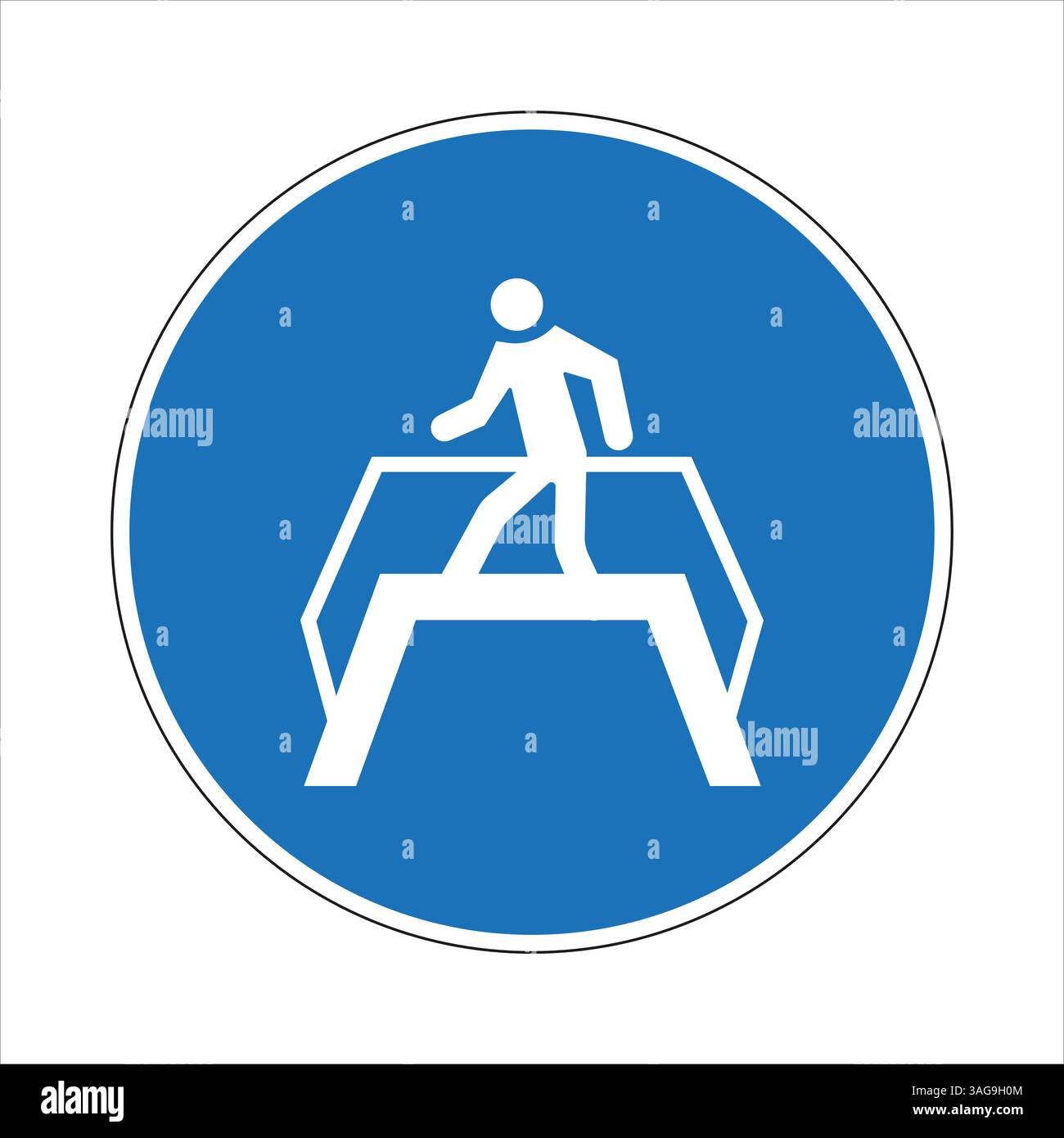 Blue and white pedestrian overpass or underpass traffic sign promoting road safety and ...