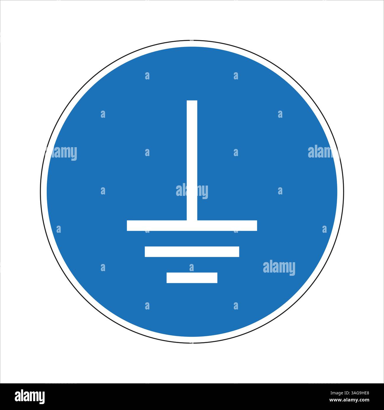 Blue and white mandatory sign indicating protective earth ground ...