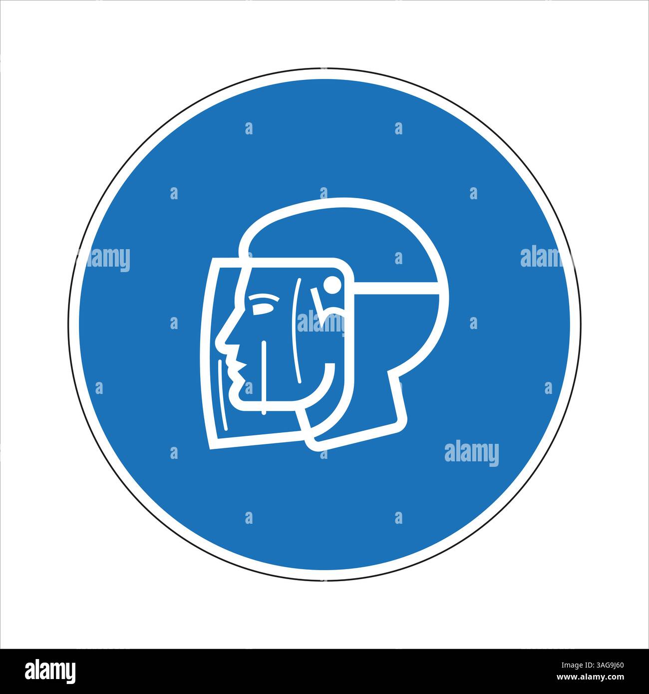 Blue mandatory sign showing a stylized human head wearing a face shield ...