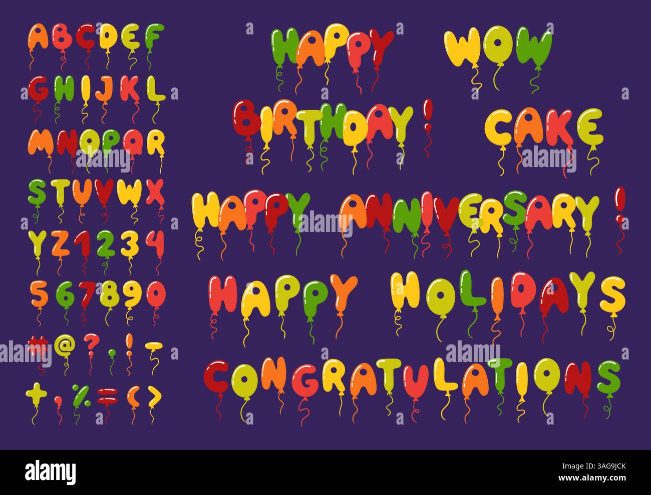 Balloon letters and numbers. Bubble font elements with strings, flying ...